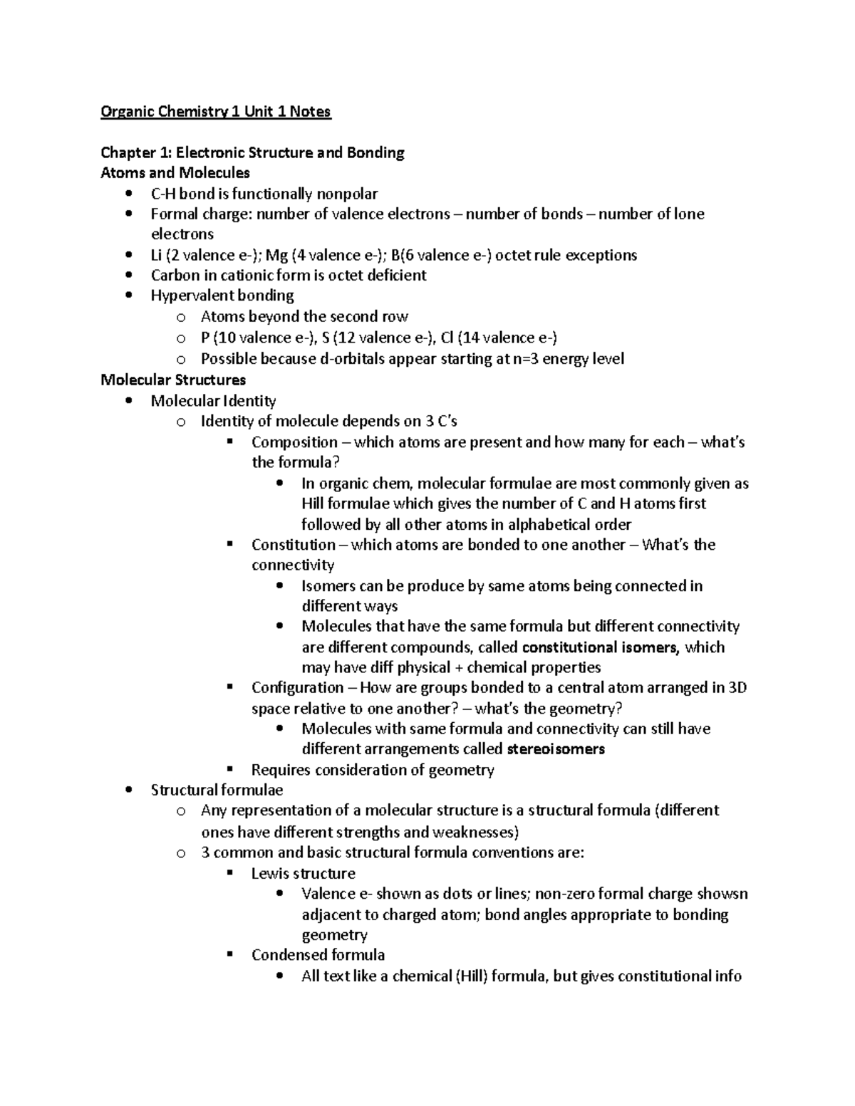 Unit 1 Notes - unit 1 orgo - Organic Chemistry 1 Unit 1 Notes Chapter 1 ...