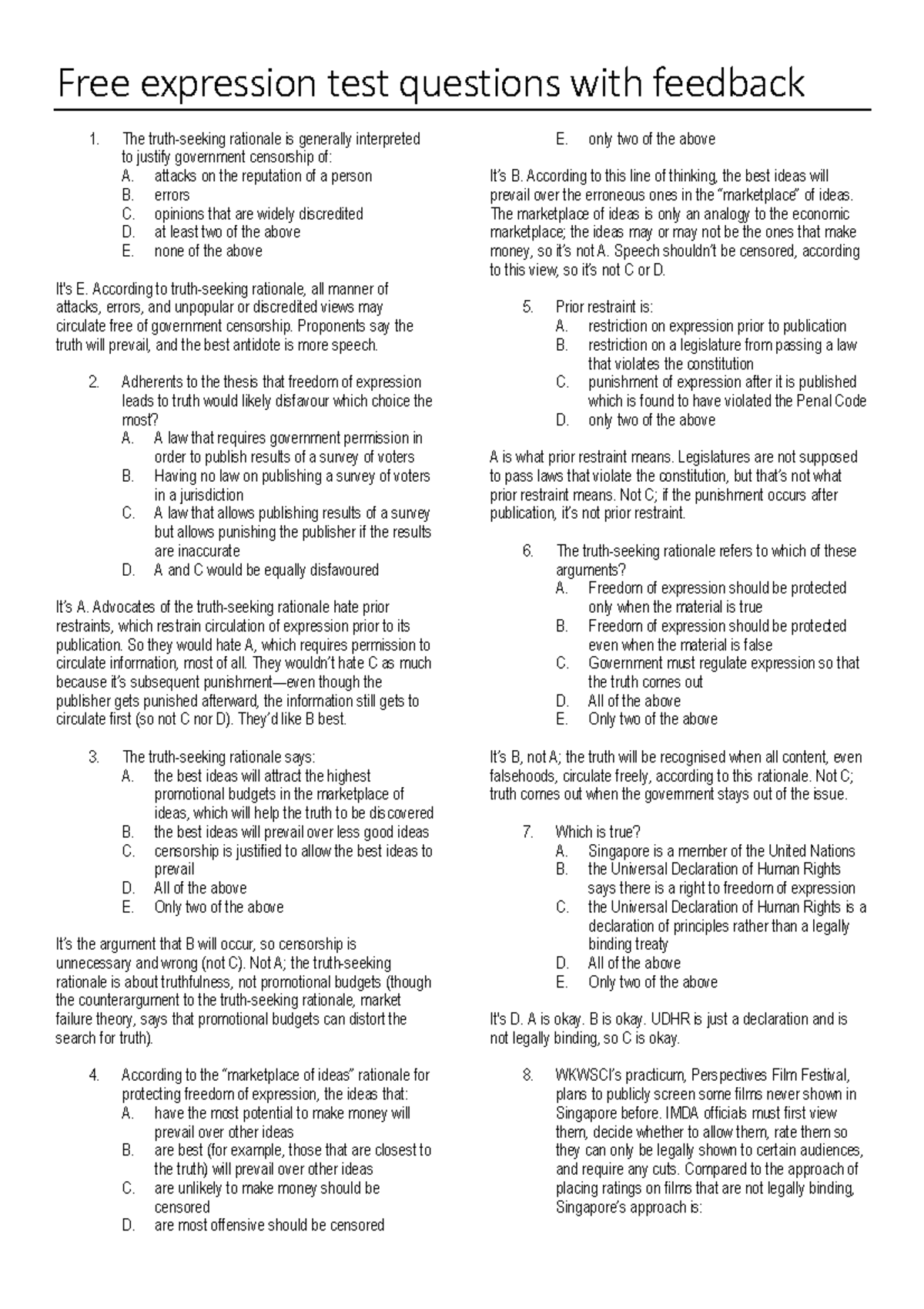 FOE - Medlaw Practice - Free expression test questions with feedback ...