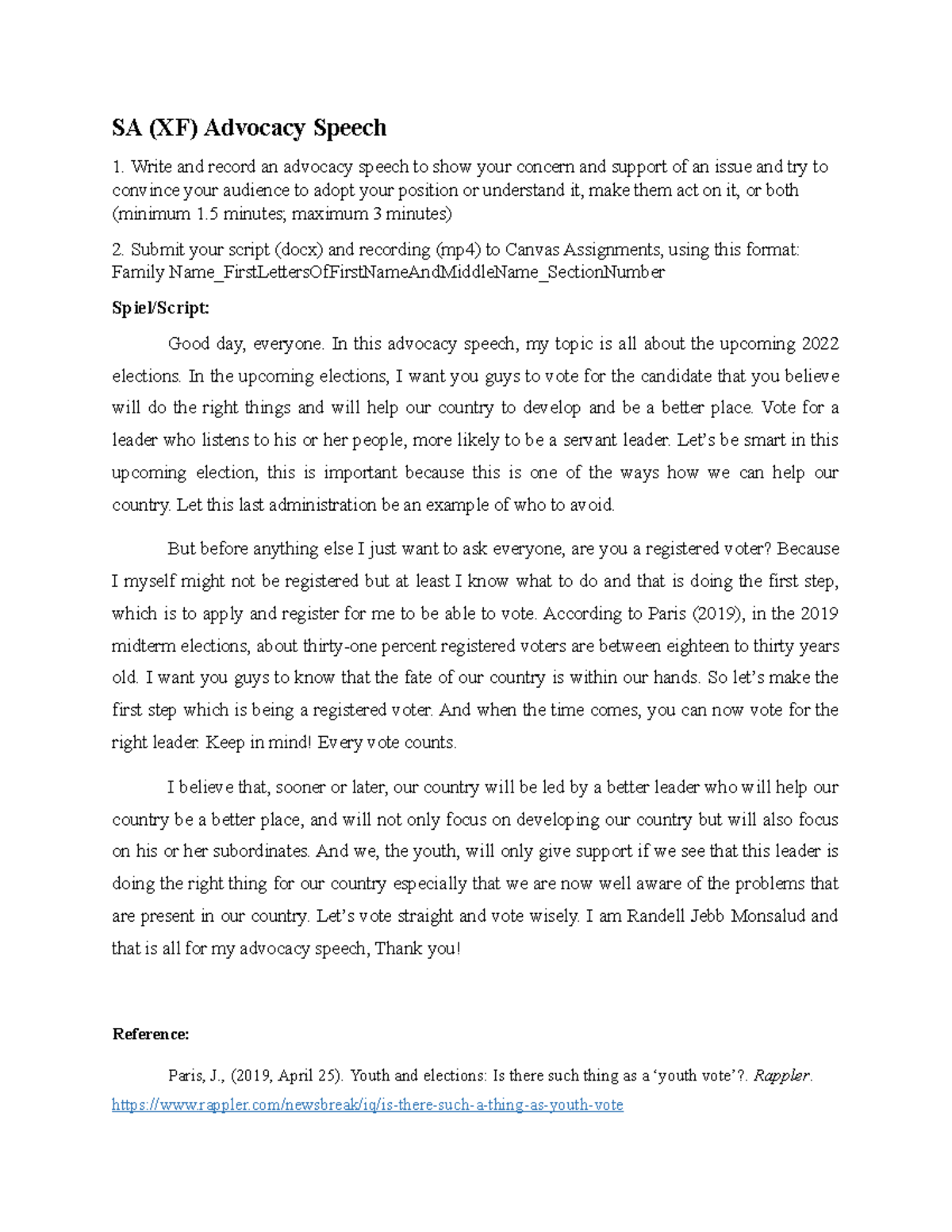 GFA 3 - Speech Communication - SA (XF) Advocacy Speech Write and record ...