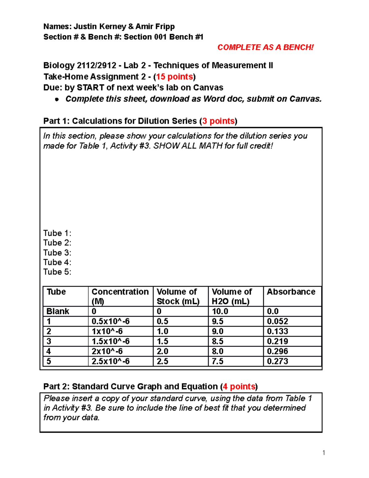 BIOL 2112 Lab 2 Report - Section # & Bench #: Section 001 Bench ...