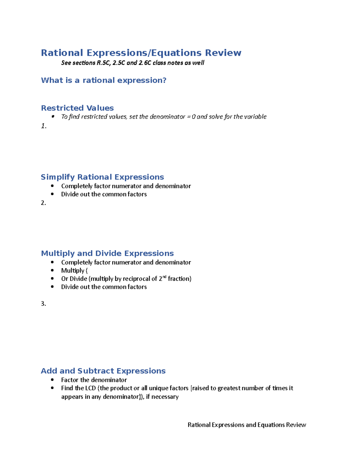 Rational Expressions and Equation Review Lesson SU20 - Rational ...