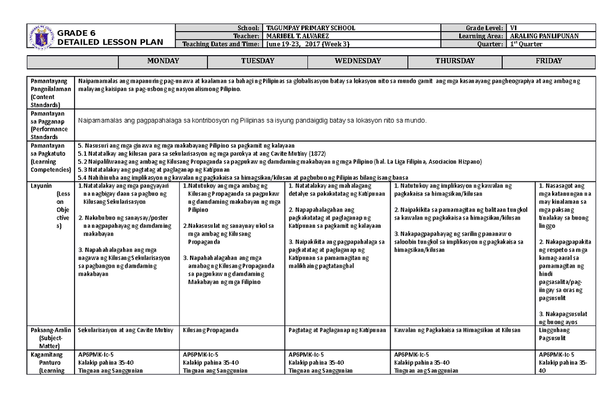 Ap6 q1 w3 - cool - GRADE 6 DETAILED LESSON PLAN School: TAGUMPAY ...