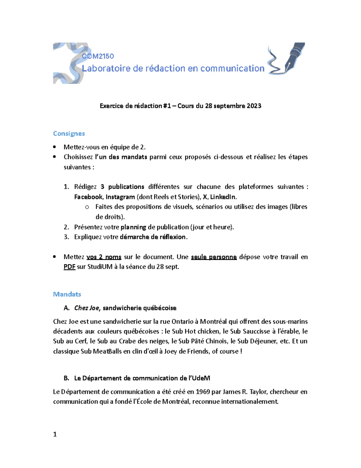 28sept Exercice réseaux sociaux COM2150 - Exercice de rédaction #1 ...