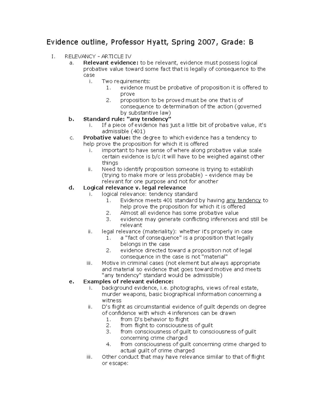 Evidence-Hyatt 2 Outline for Course - Evidence outline, Professor Hyatt ...