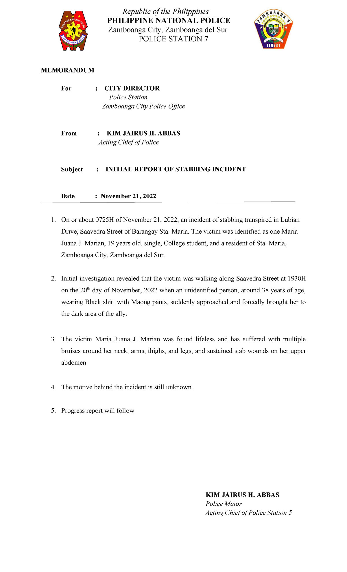 Initial- Report-edited - PHILIPPINE NATIONAL POLICE Zamboanga City ...