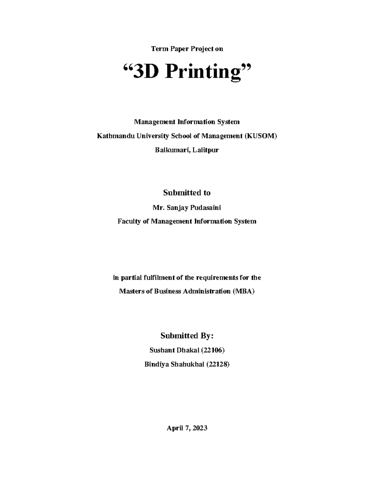 3D Printing - Notes - Term Paper Project on “3D Printing” Management ...