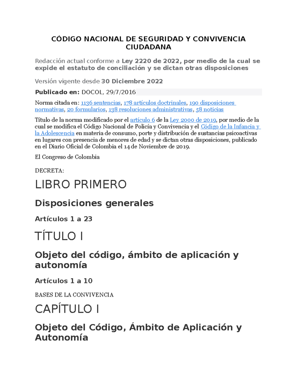Código Nacional De Seguridad Y Convivencia Ciudadana Ley 1801 De 2016