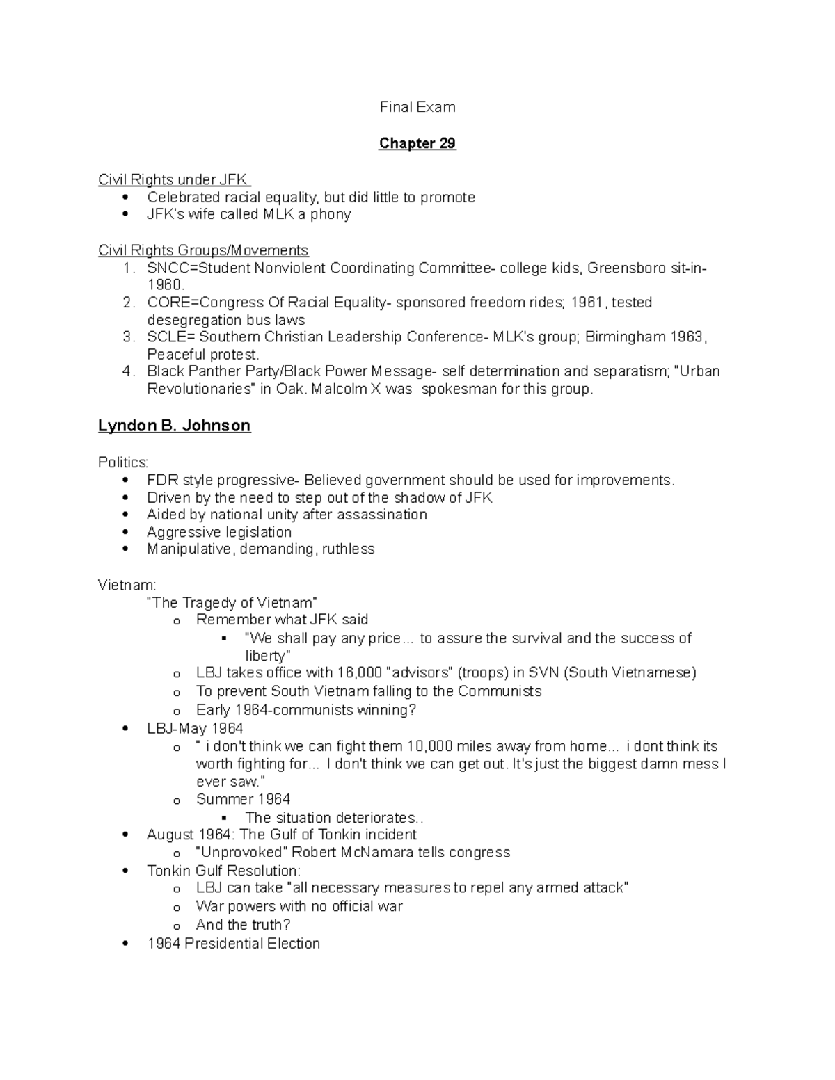 History final - Lecture notes 9-12 - Final Exam Chapter 29 Civil Rights ...