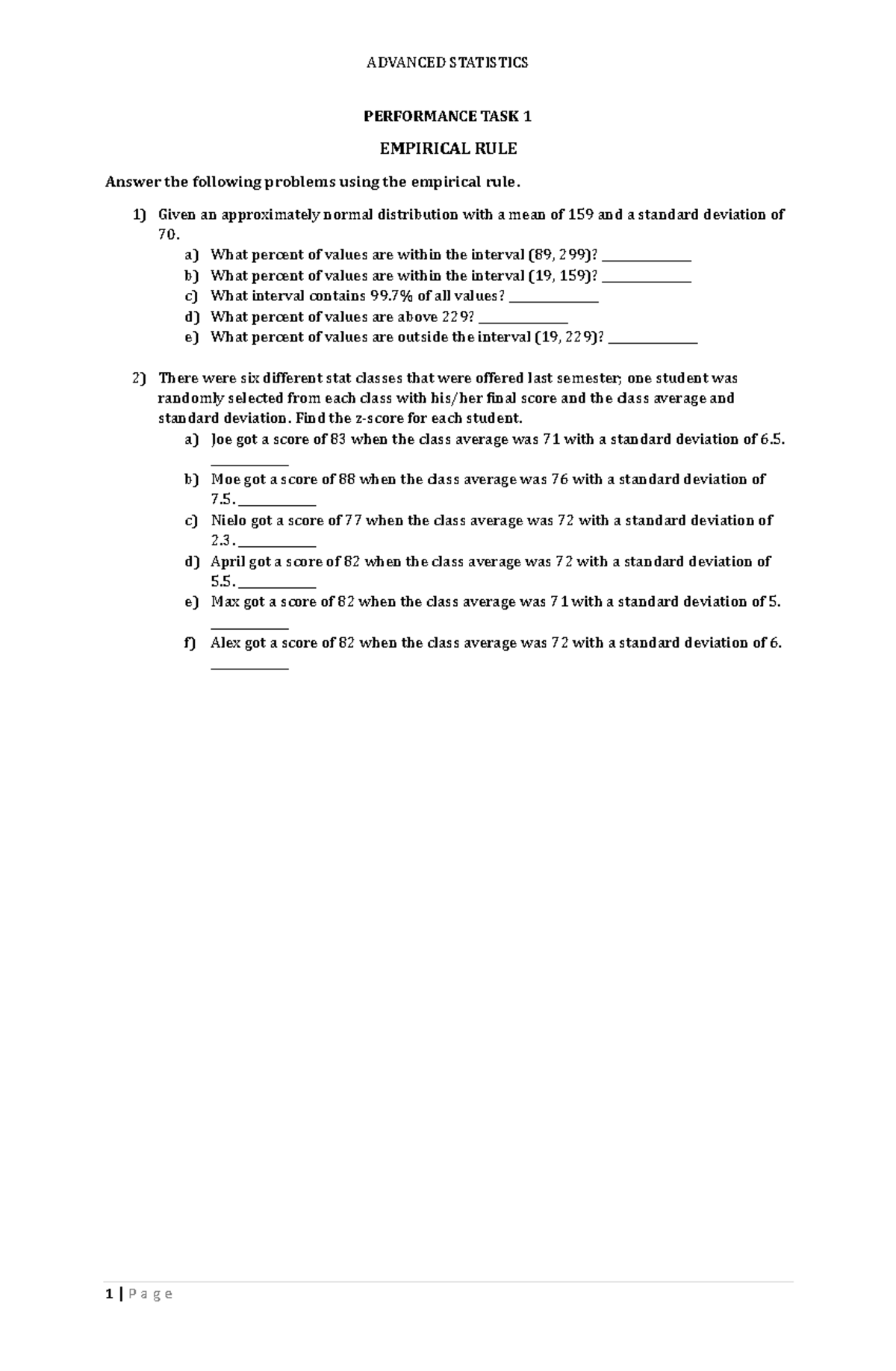 Advanced- Statistics Q1 PT - PERFORMANCE TASK 1 EMPIRICAL RULE Answer ...