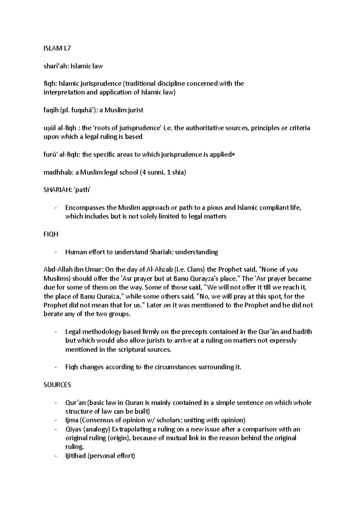 Islam L7 - Lecture notes 7 - ISLAM L sharī‘ah: Islamic law fiqh ...