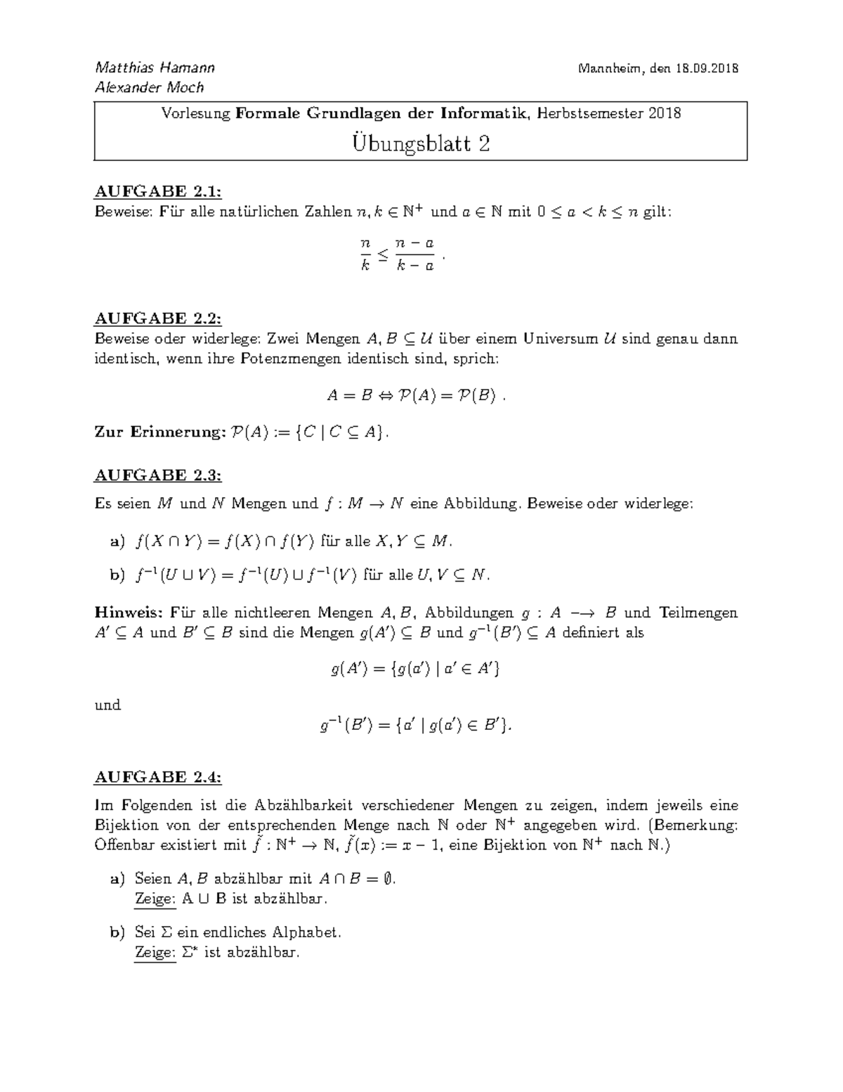 Blatt 02 - Übungsaufgaben von Formale Grundlagen der Informatik ...