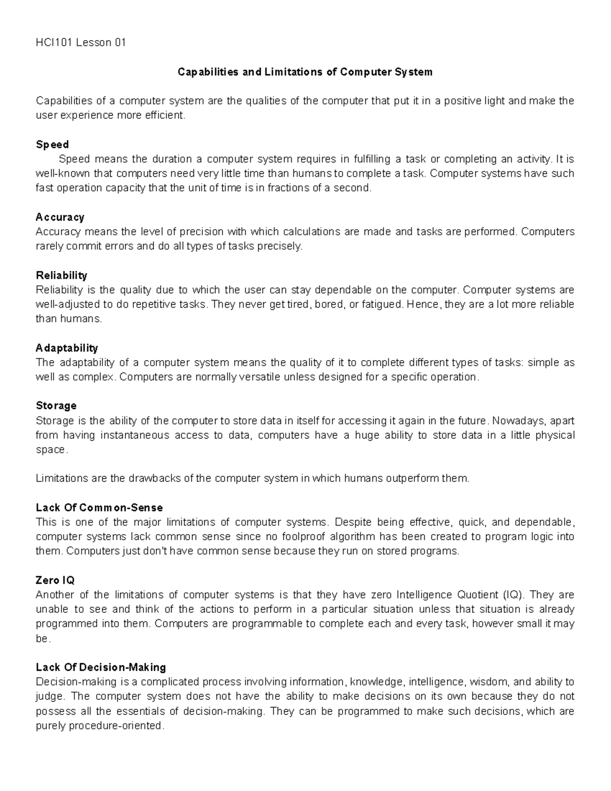 1. HCI102 - Lesson 01 - HCI101 Lesson 01 Capabilities and Limitations of Computer System - Studocu