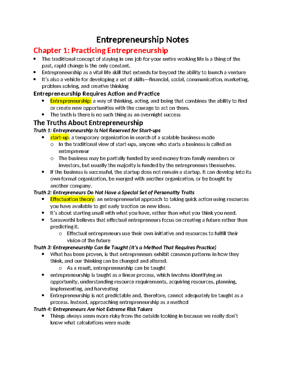 Entrepreneurship Notes - Entrepreneurship Notes Chapter 1: Practicing ...