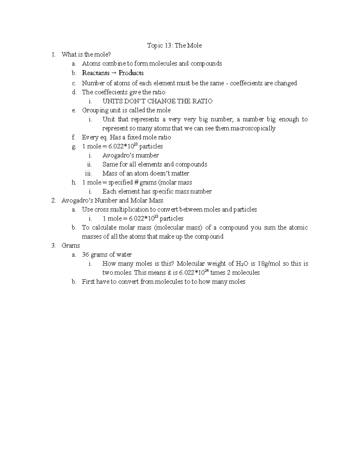 Topic 13 The Mole - Lecture notes 13 - Topic 13: The Mole What is the ...