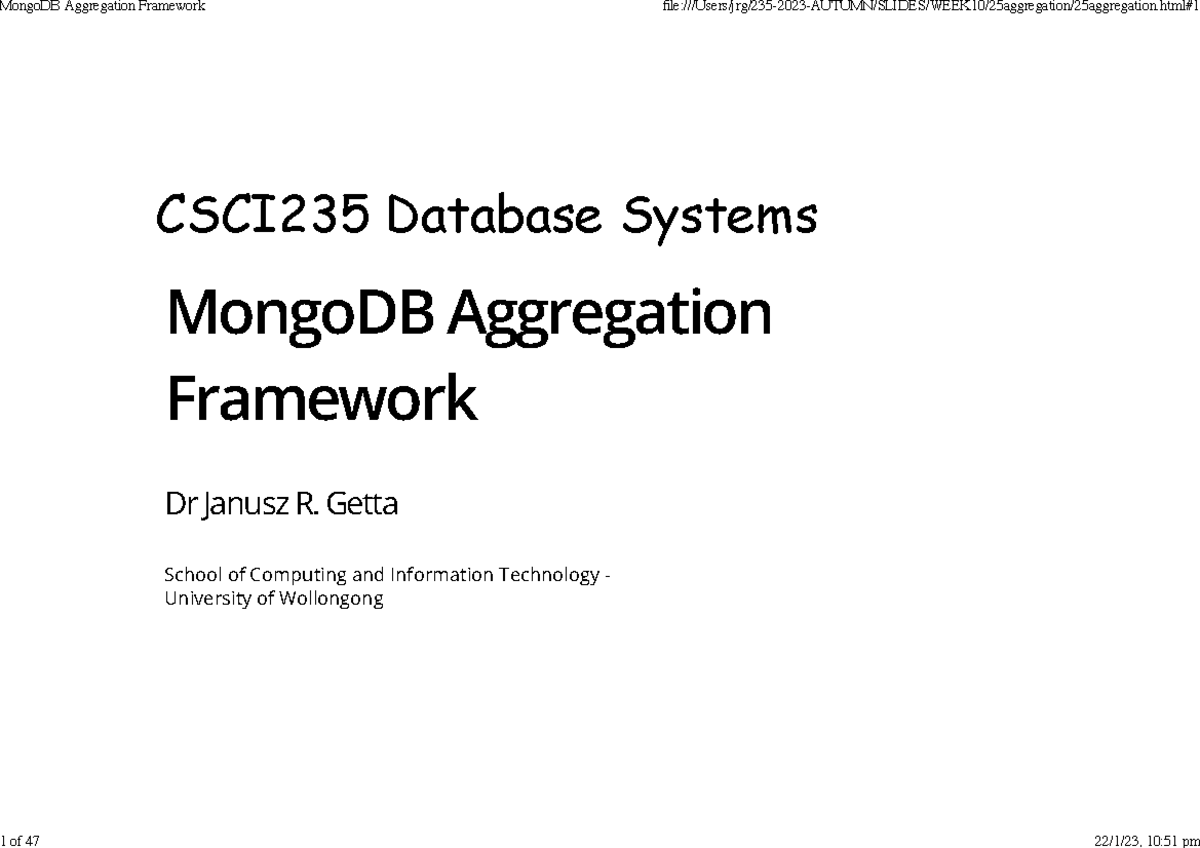 25aggregation Lecture On Aggregation Csci235 Database Systems Mongodb Aggregation Framework