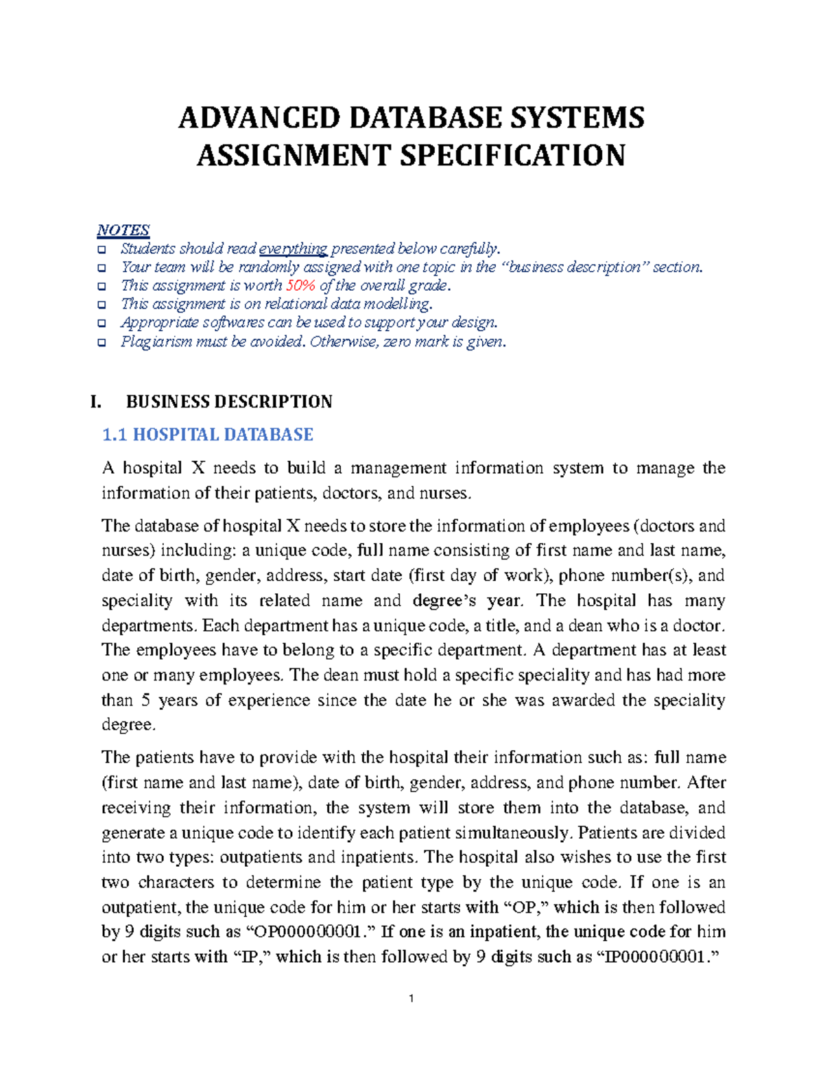 Assignment Specification - ADVANCED DATABASE SYSTEMS ASSIGNMENT ...