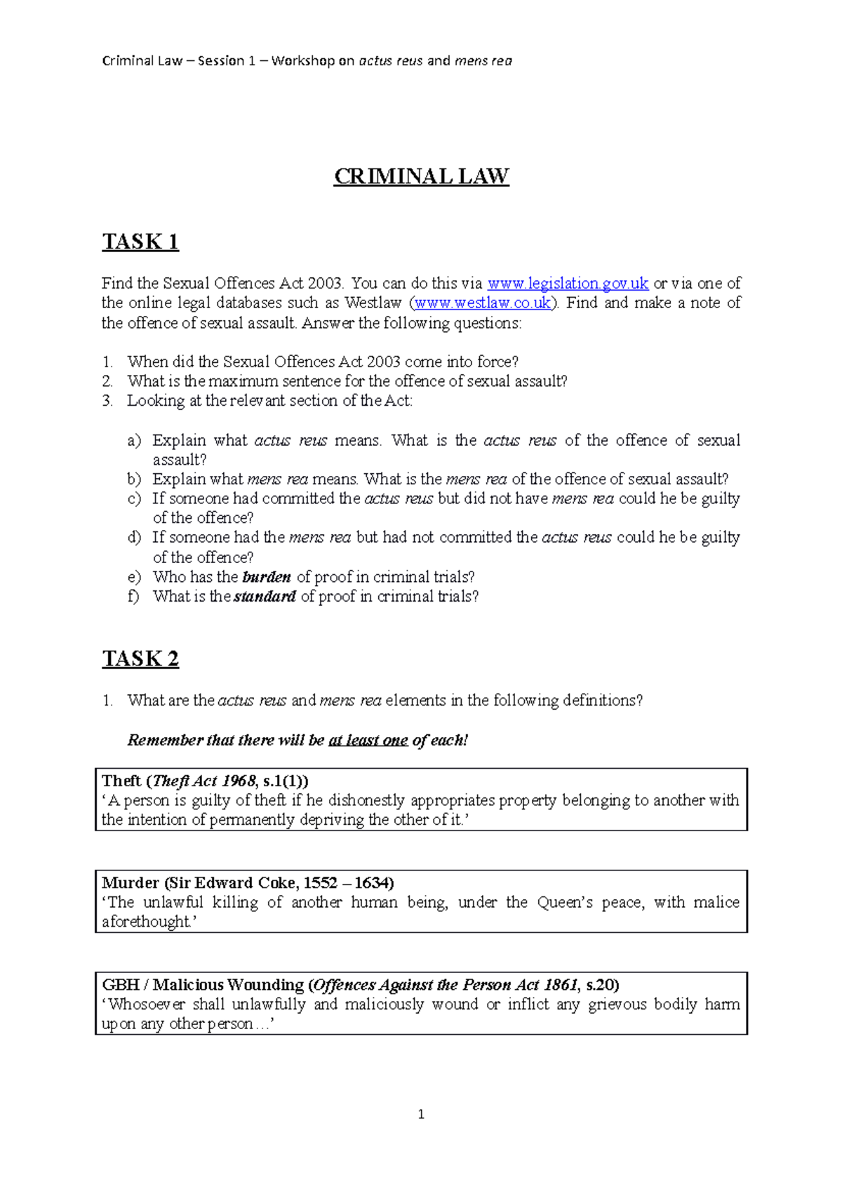 CRIM 1 - Questions/Answers - Criminal Law – Session 1 – Workshop on ...