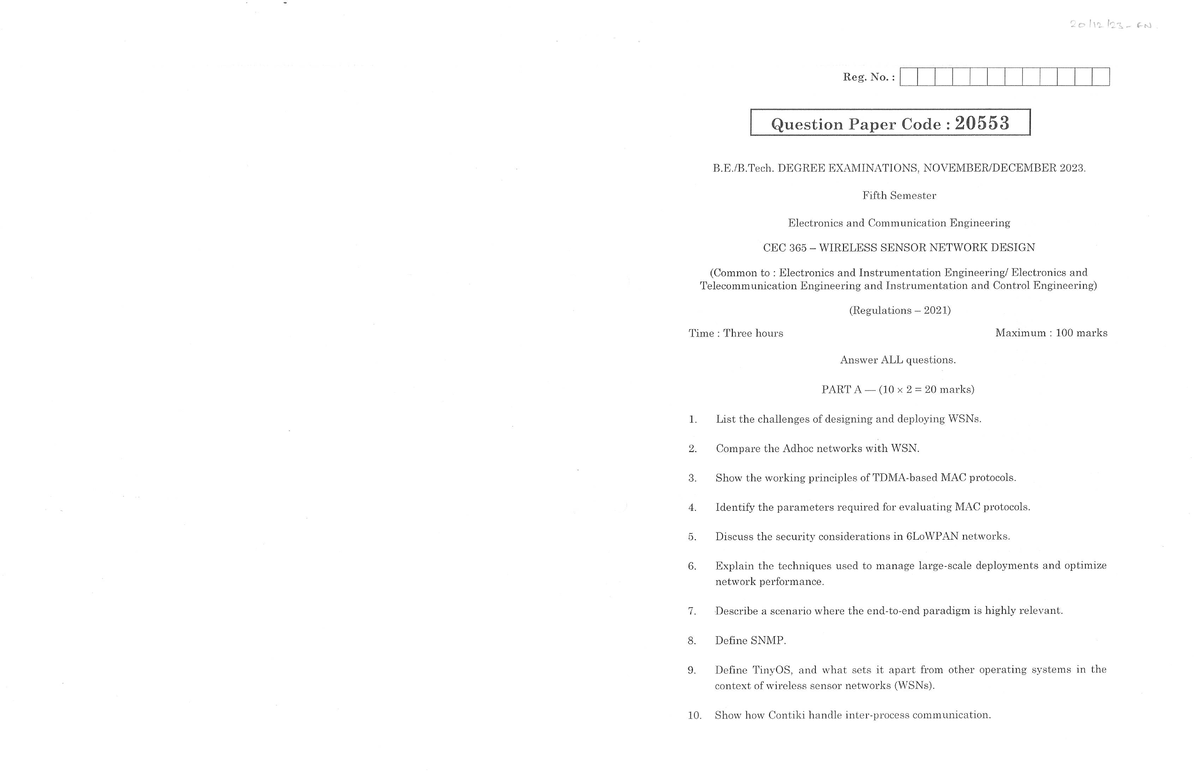 CEC365 - Wireless Sensor Network Design R2021 - 2023 Nov - Reg. No ...