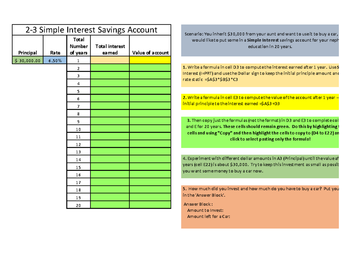 QR 2-3 a Simple Interest Student Template - Principal Rate Total Number ...