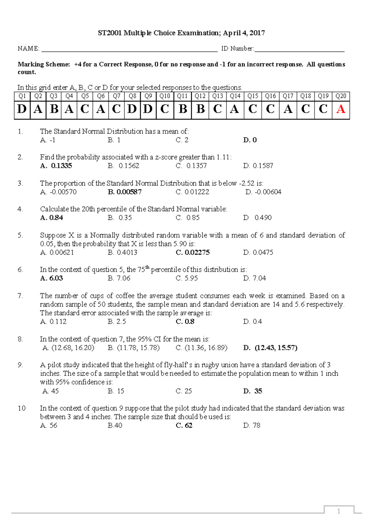 2nd Semester MCQ Exam 2016 solutions - ST2001 Multiple Choice ...
