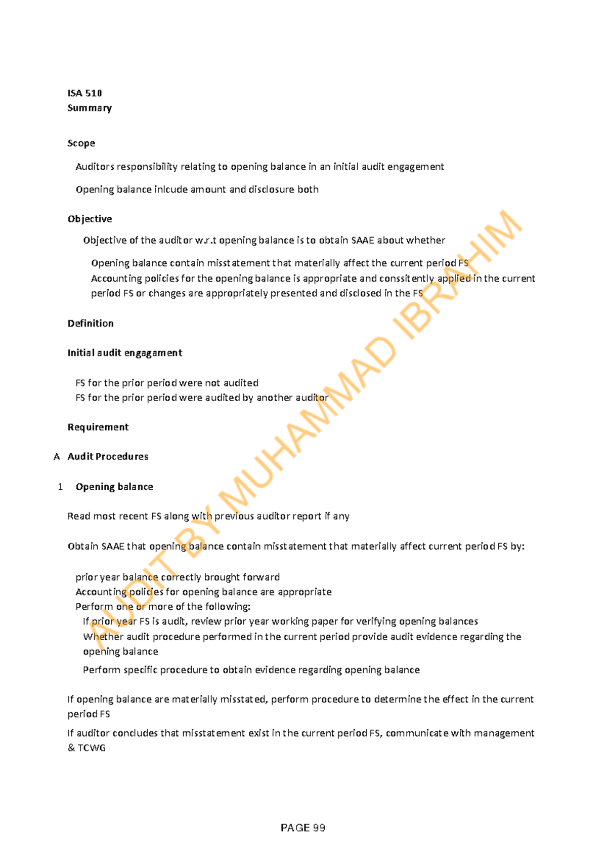 510 MI notes - ISA 510 Summary Scope Auditors responsibility relating ...