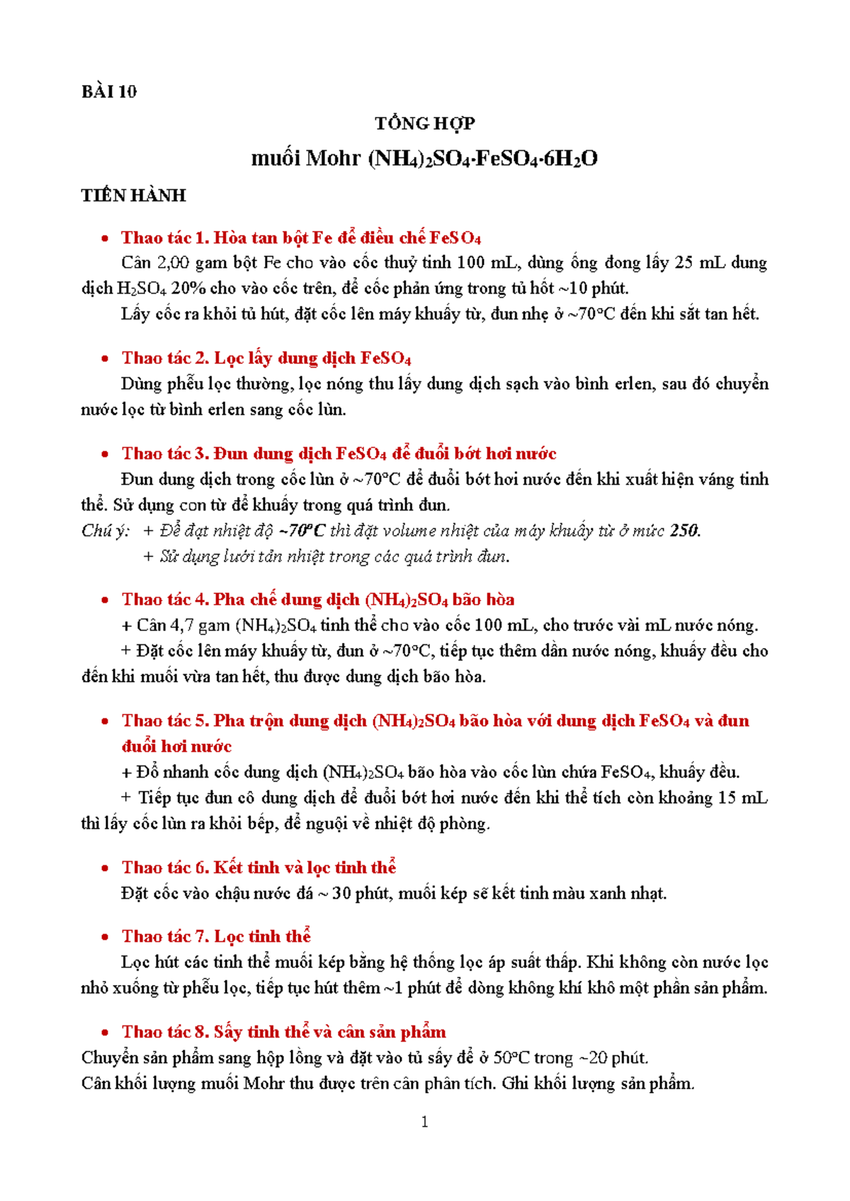 Bai-10 - mercime - 1 BÀI 1 0 TỔNG HỢP muối Mohr (NH 4 ) 2 SO 4 ⸳FeSO 4 ⸳6H 2 O TIẾN HÀNH Thao ...