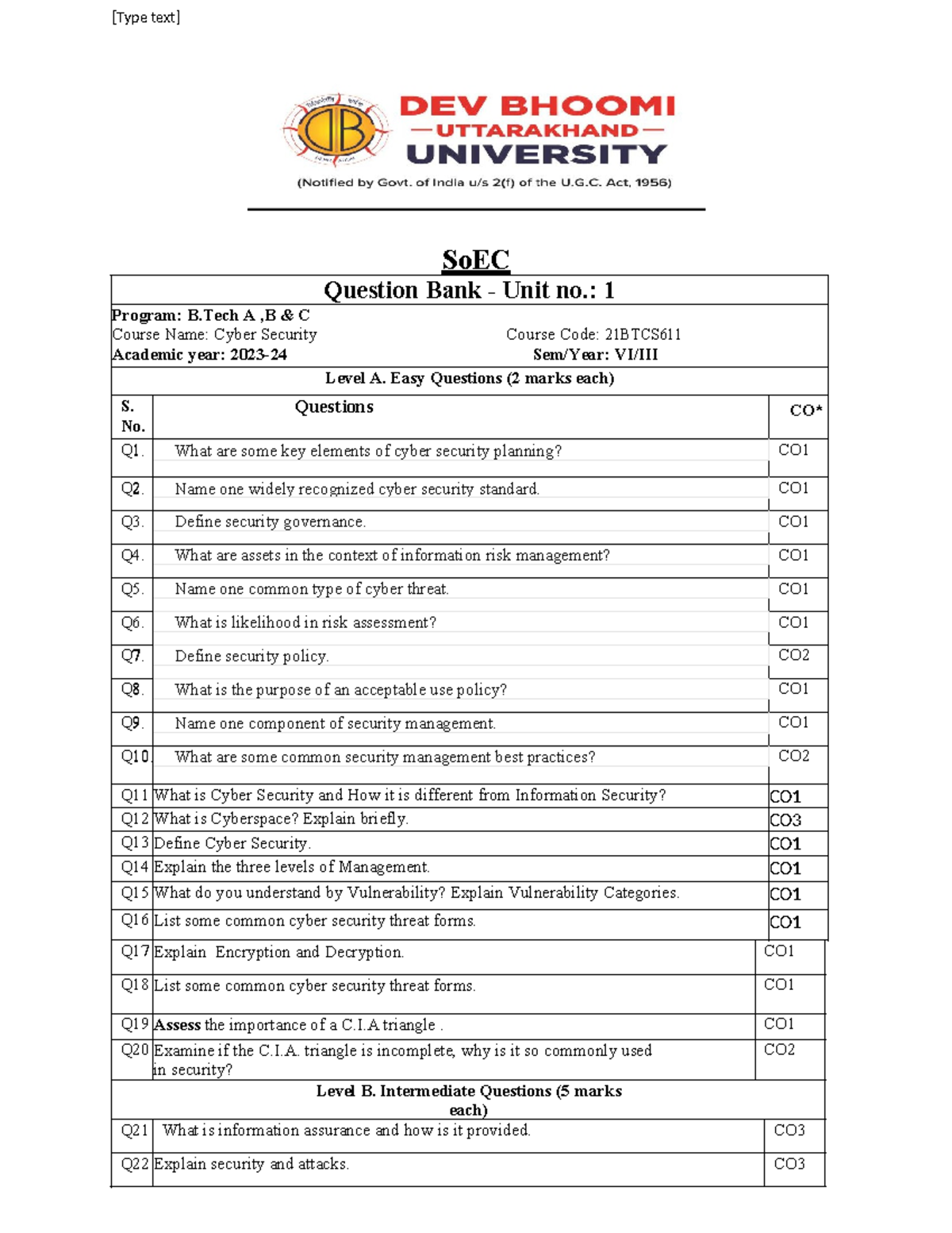 So CSE B.Tech ABC4 GB ICS QB - SoEC Question Bank - Unit no.: 1 Program: B A ,B & C Course Name ...