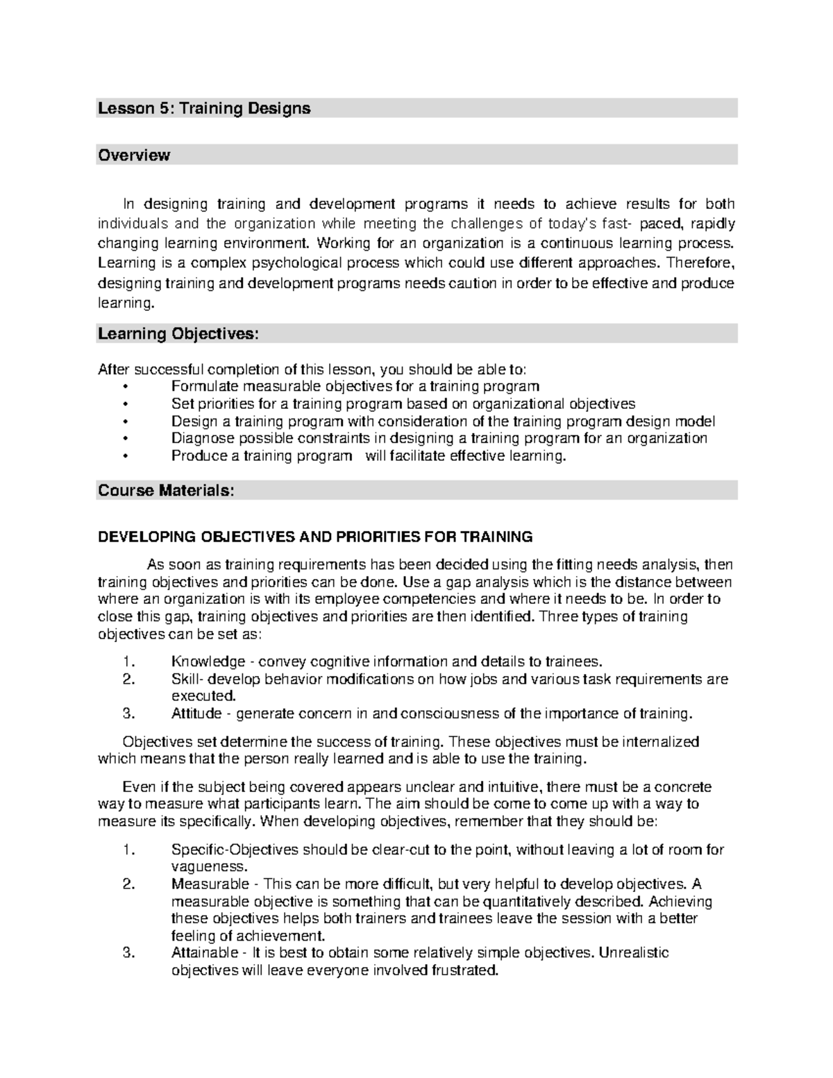 5th HRMA 201 Training AND Development - Lesson 5: Training Designs ...
