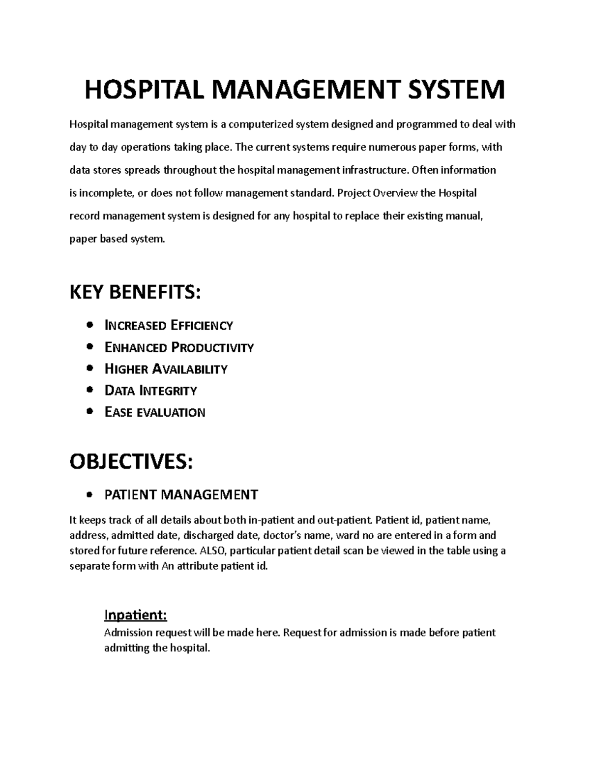 HMS - Project Proposal of Hospital Management System - HOSPITAL ...