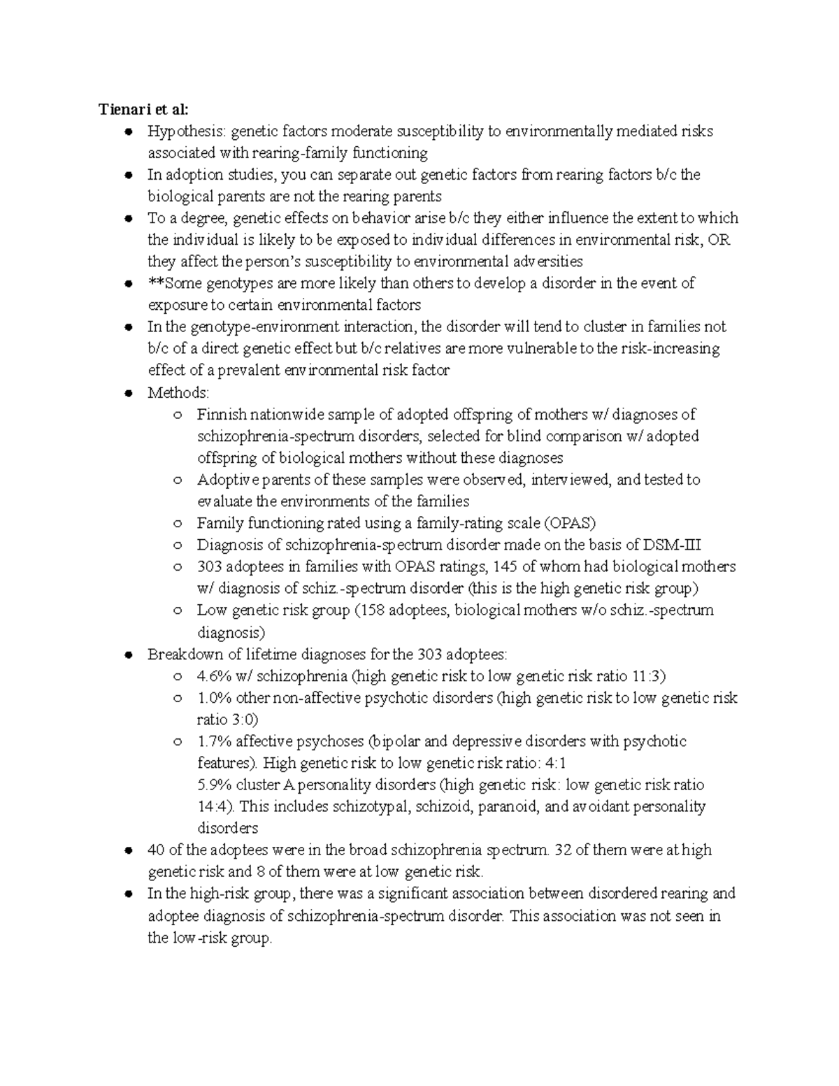 Readings for 3/17 - Tienari et al: Hypothesis: genetic factors moderate ...