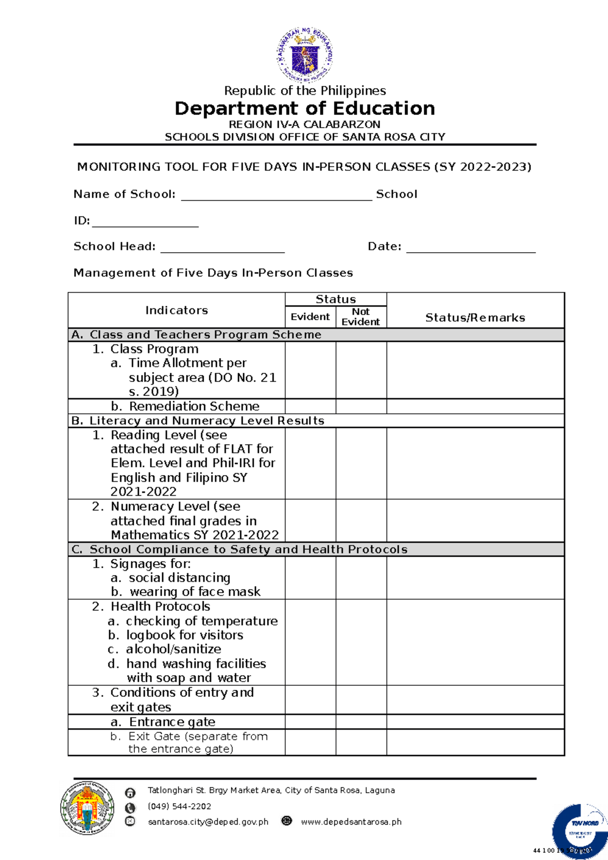 Monitoring Tool 5 Days In Person - Republic of the Philippines ...