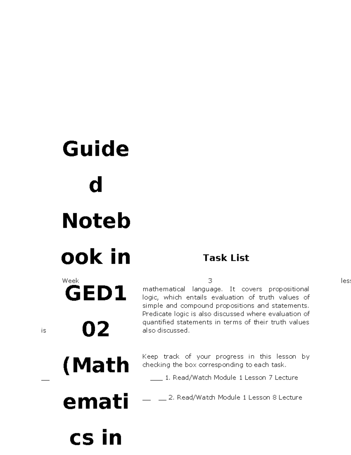 GED102 Week 3 WGN - Task List Week 3 less mathematical language. It ...