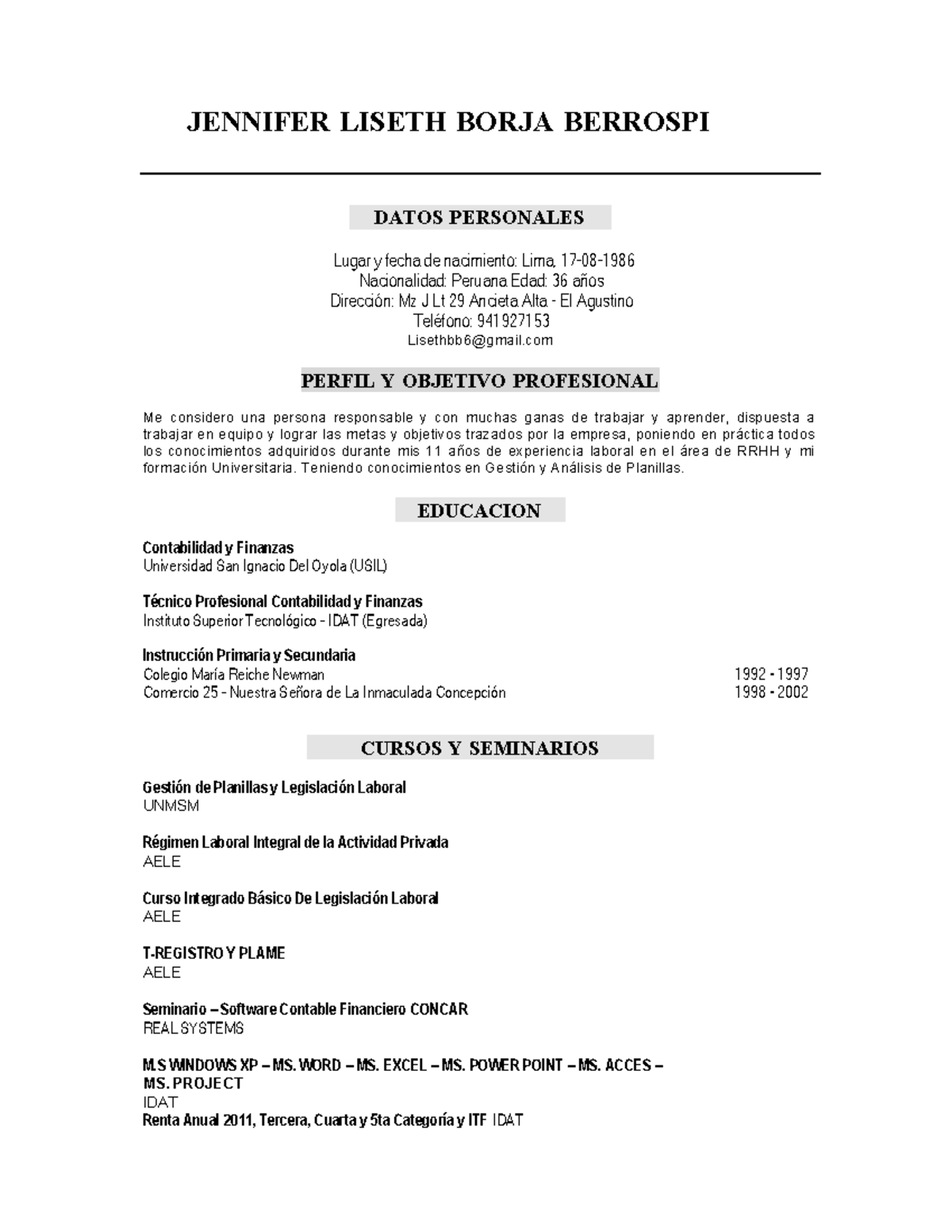 CVJennifer Liseth Borja Berrospi - DATOS PERSONALES Lugar y fecha de nacimiento: Lima, 17-08 ...