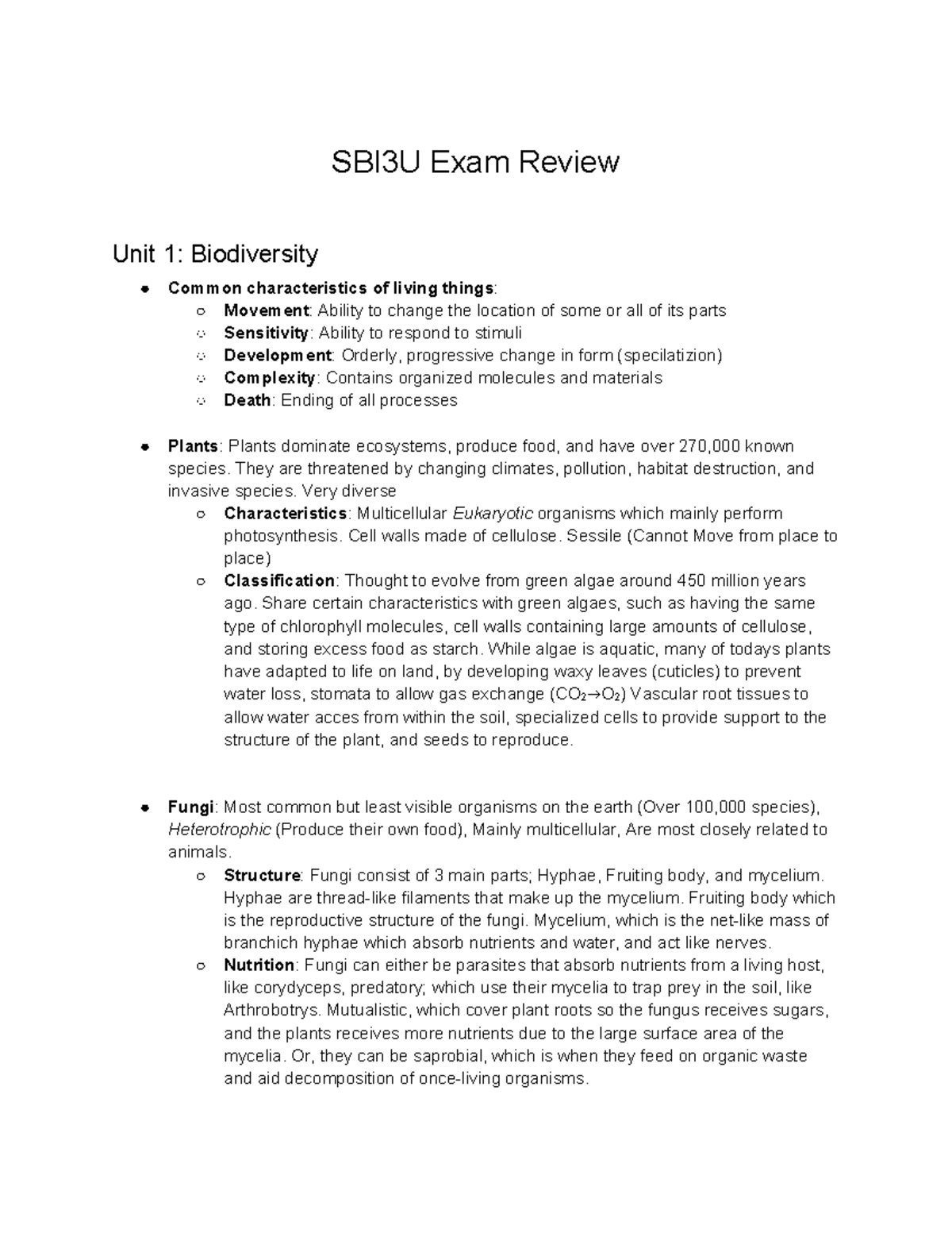SBI3U Exam Cheat Sheet - SBI3U Exam Review Unit 1: Biodiversity Common characteristics of living ...