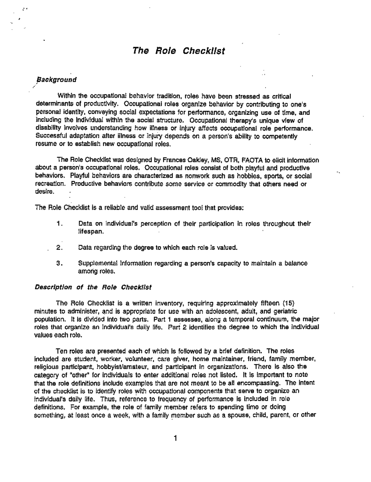 The Role Checklist - AHS3108W - Studocu