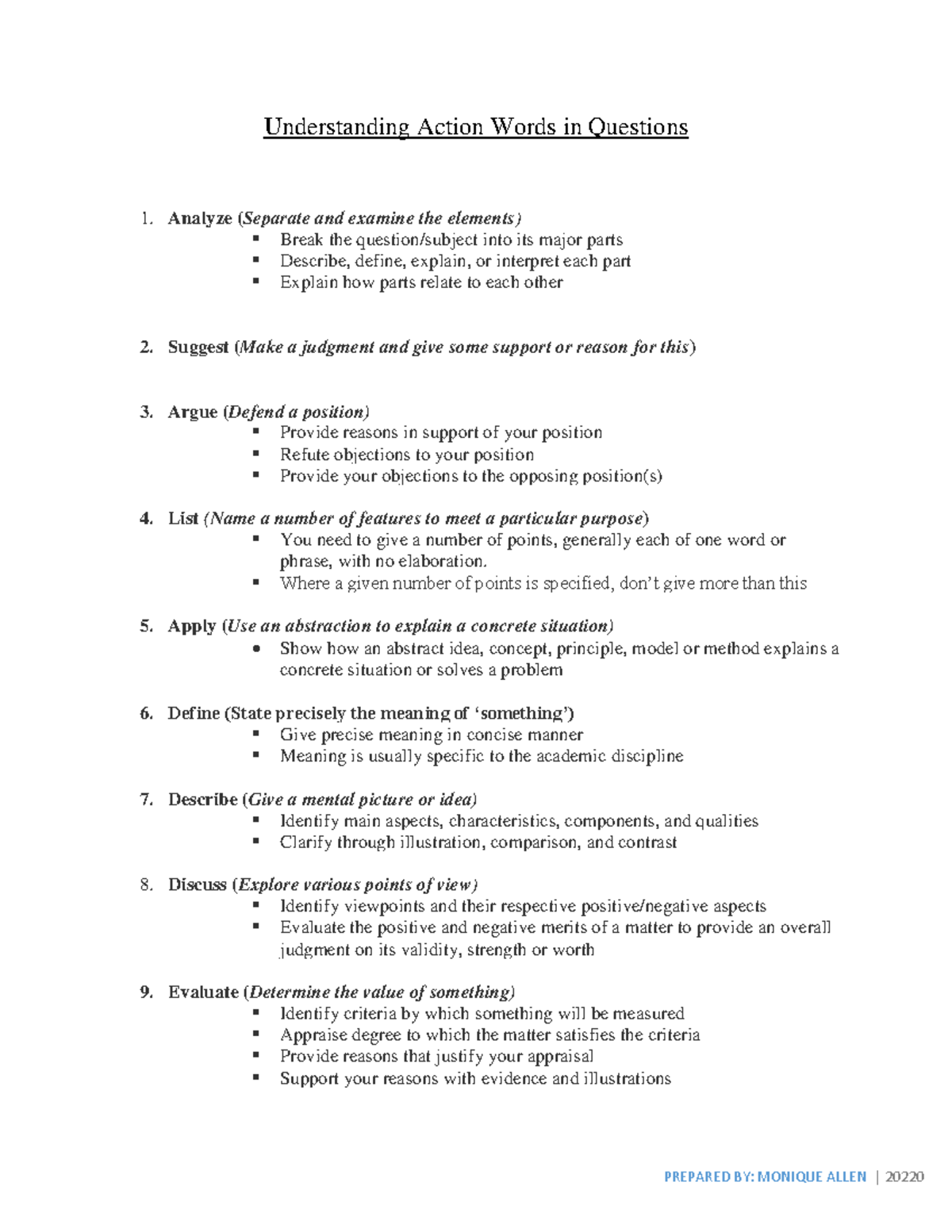 Understanding Action Words in Questions PREPARED BY MONIQUE ALLEN