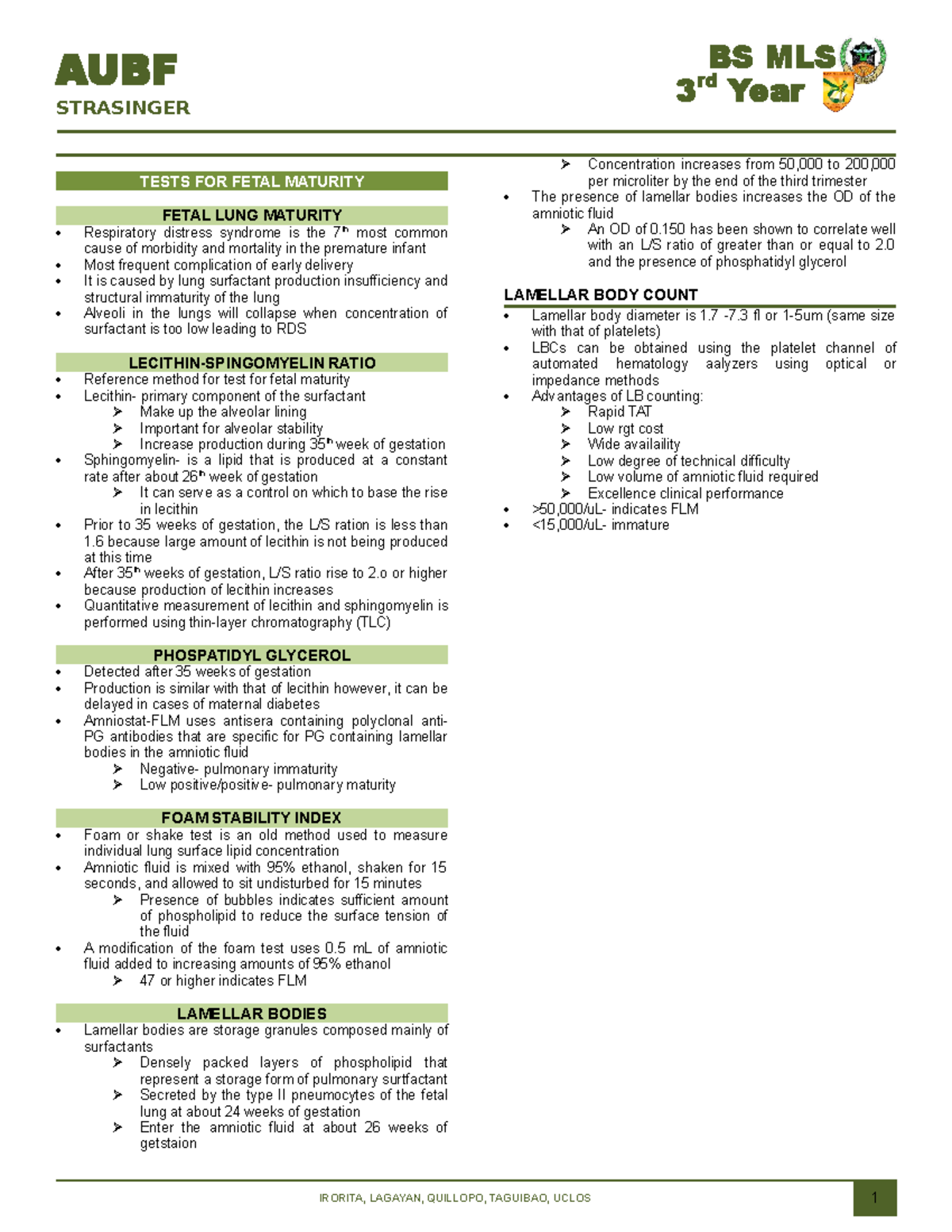 Amniotic FluidF-test for FM - AUBF STRASINGER TESTS FOR FETAL MATURITY ...