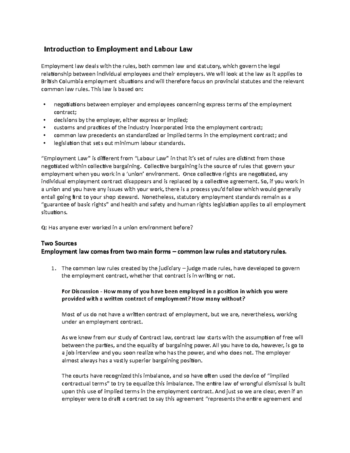 Chapter 5 summary - Introduction to Employment and Labour Law ...