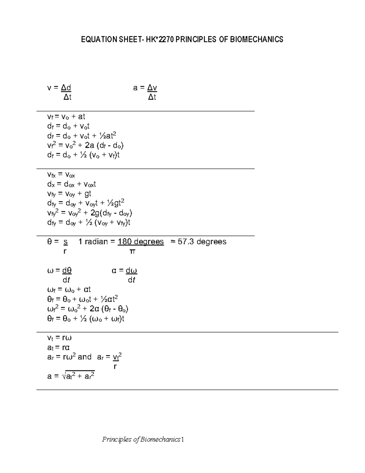 Eqn Sheet & Anthro Figure Table - Principles of Biomechanics 1 EQUATION ...