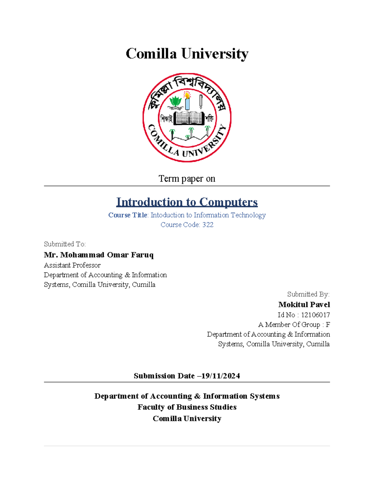 Mokitul Pavel;Id 12106017 - Comilla University Term paper on Introduction to Computers Course ...