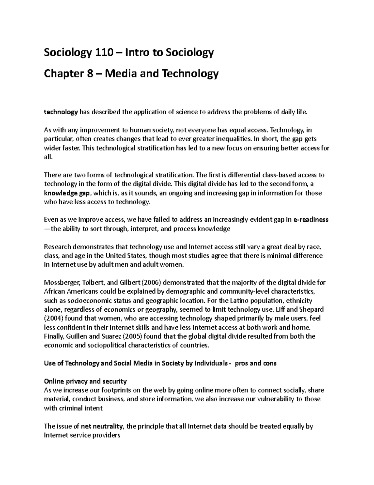 So110chapter 8notes - Sociology 110 – Intro to Sociology Chapter 8 ...