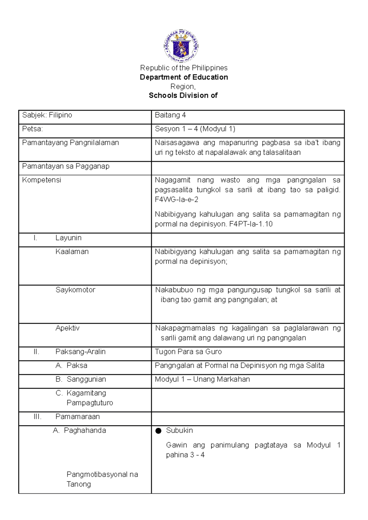 Grade 4 - Lesson PLAN Week-1 - Republic of the Philippines Department ...