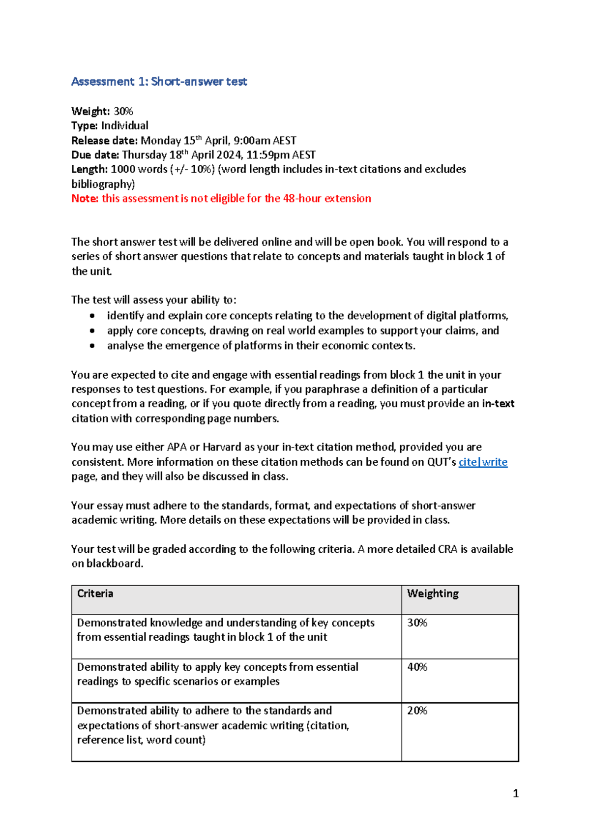 CCB105 A1 instructions 2024 - 1 Assessment 1: Short-answer test Weight ...