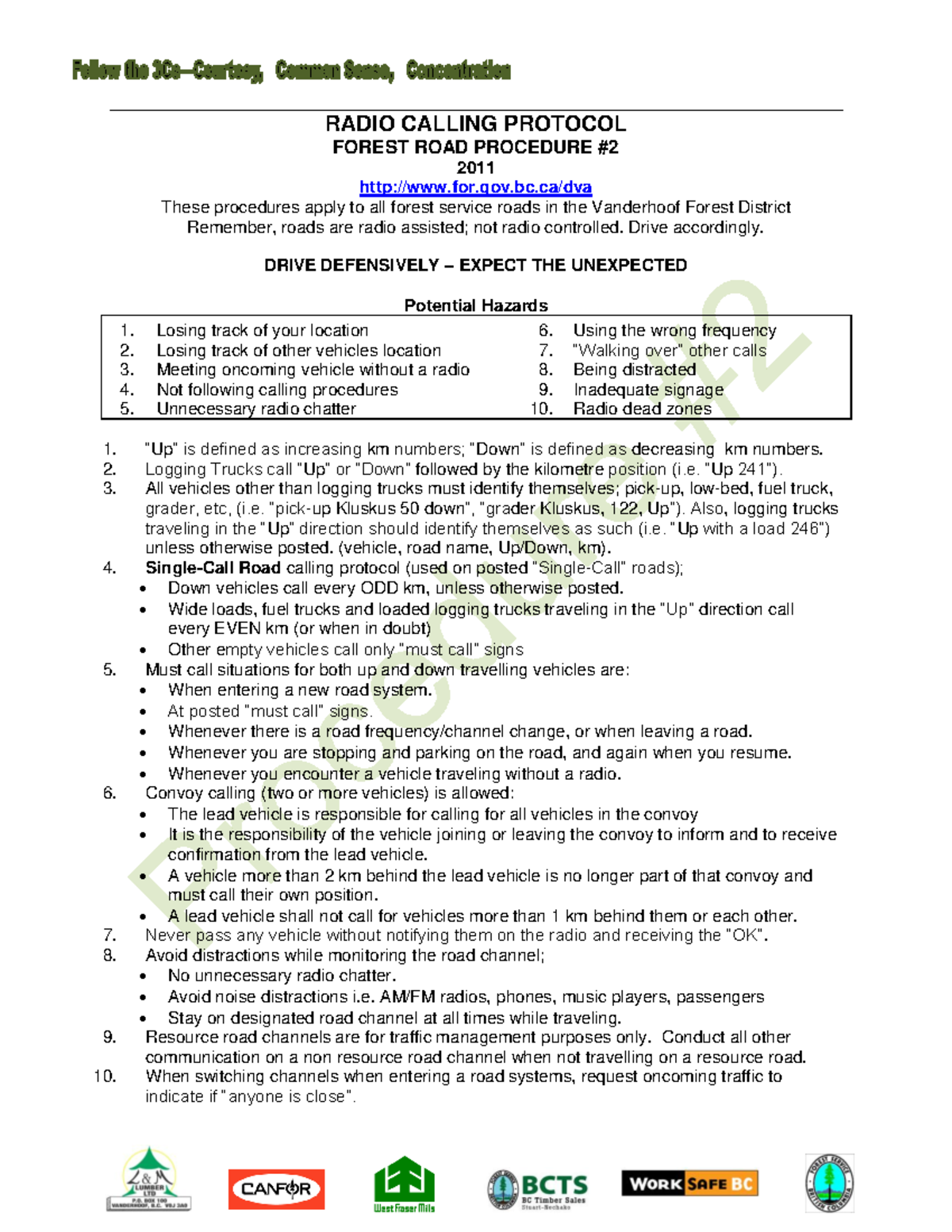 Proc2 - radio calling protocol - RADIO CALLING PROTOCOL FOREST ROAD ...