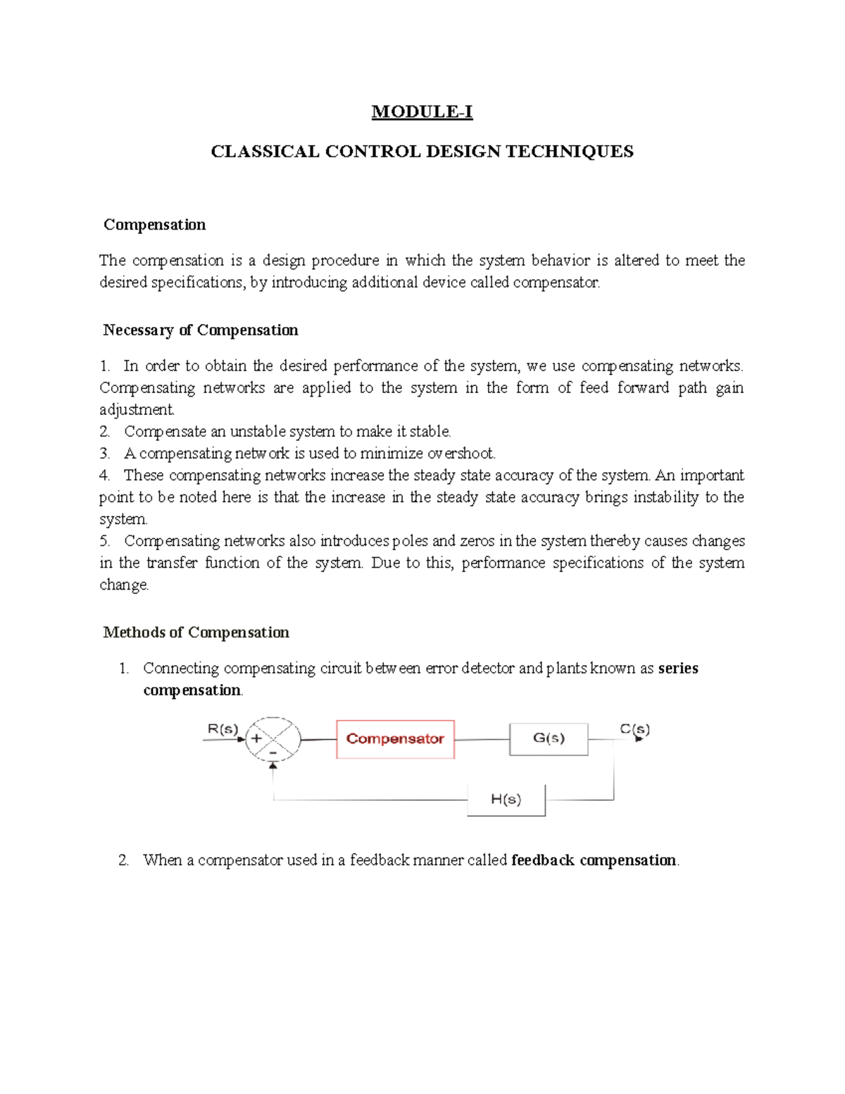 Acs material module-1 - CONTROL SYSTEMS - MODULE-I CLASSICAL CONTROL ...