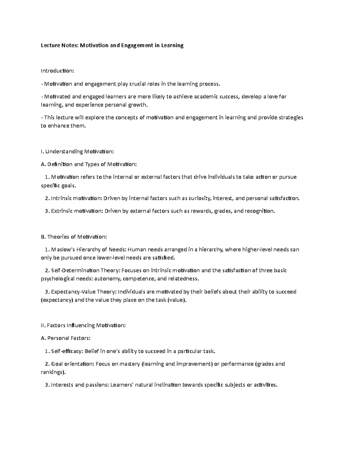 Lecture Notes: Motivation and Engagement in Learning - Lecture Notes ...