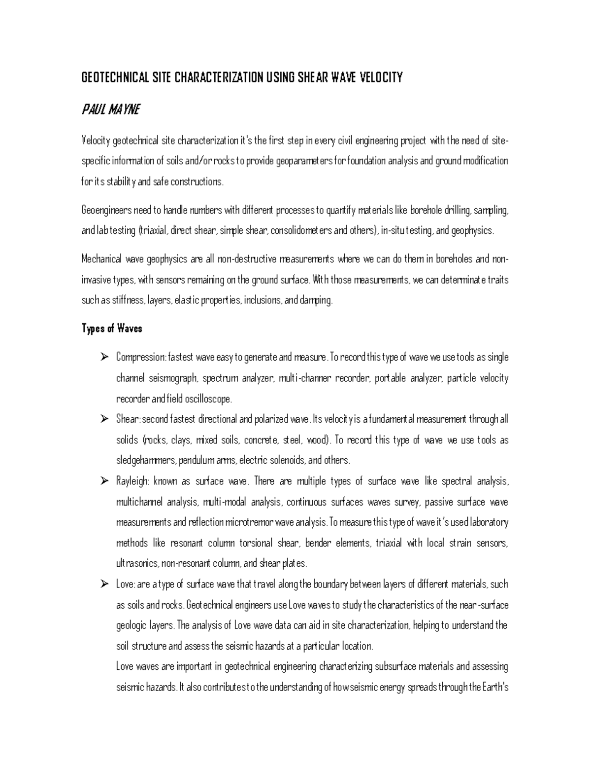 GEOTECHNICAL SITE CHARACTERIZATION USING SHEAR WAVE VELOCITY ...