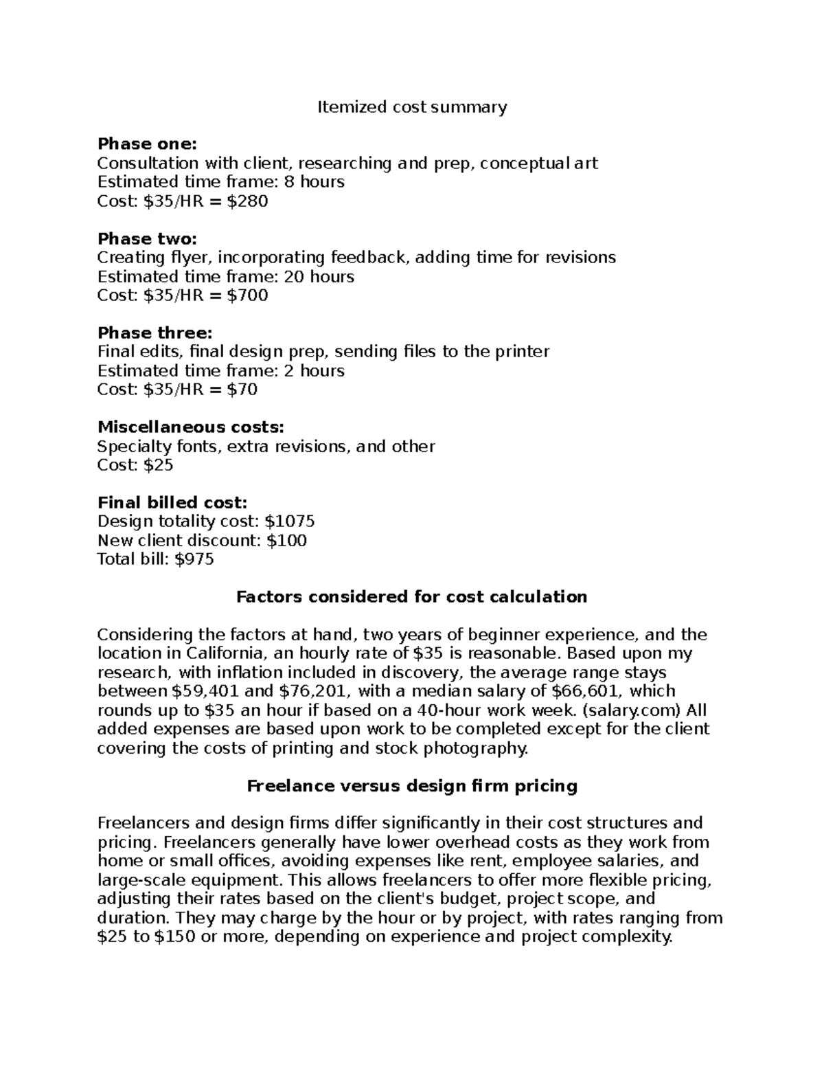Mod 5 pricing - Itemized cost summary Phase one: Consultation with ...