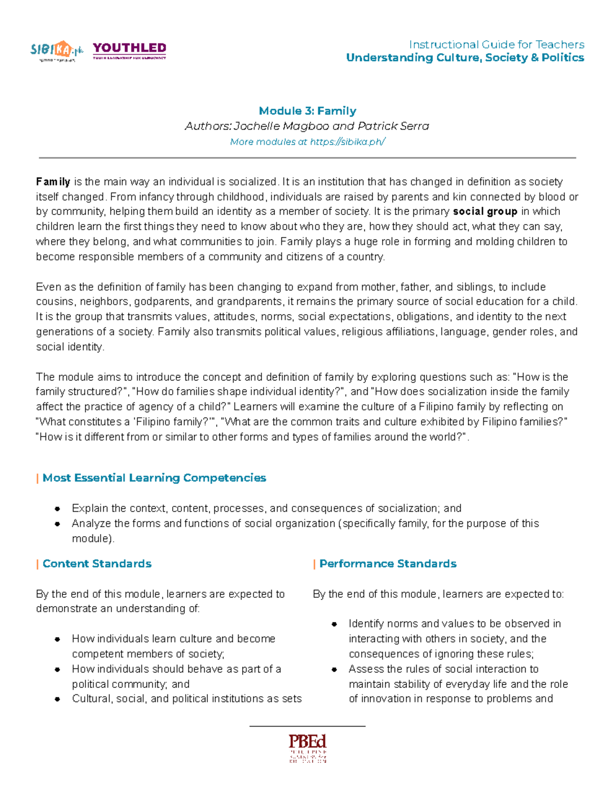 Sibika - Understanding Culture, Society & Politics Module 3: Family ...