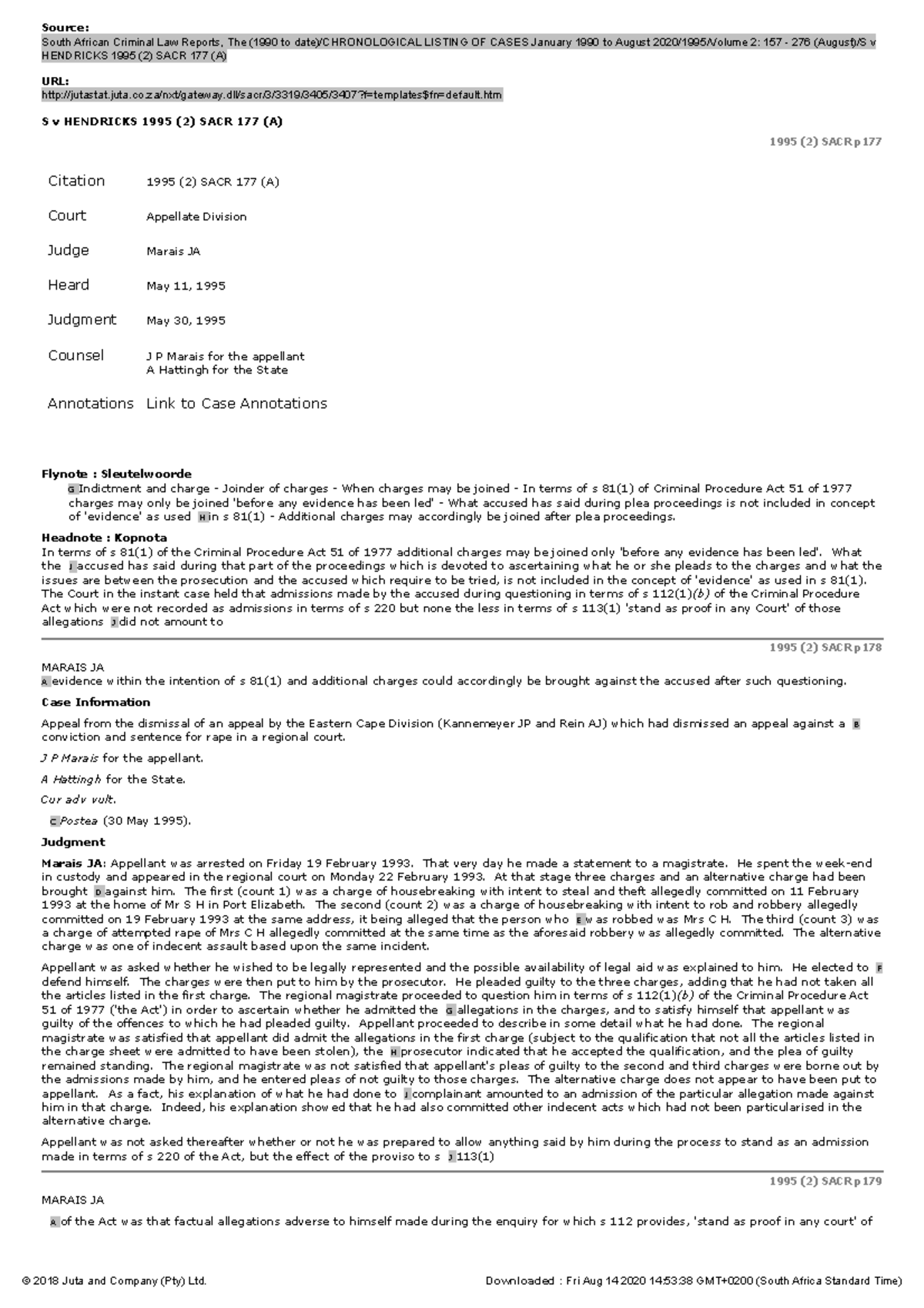 S v Hendricks 1995 - LCP CASE LAW - - Studocu